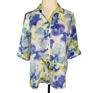 Chico's | Tops | Chicos Linen Watercolor Blouse Sz 2 2 Iris Flowers ...
